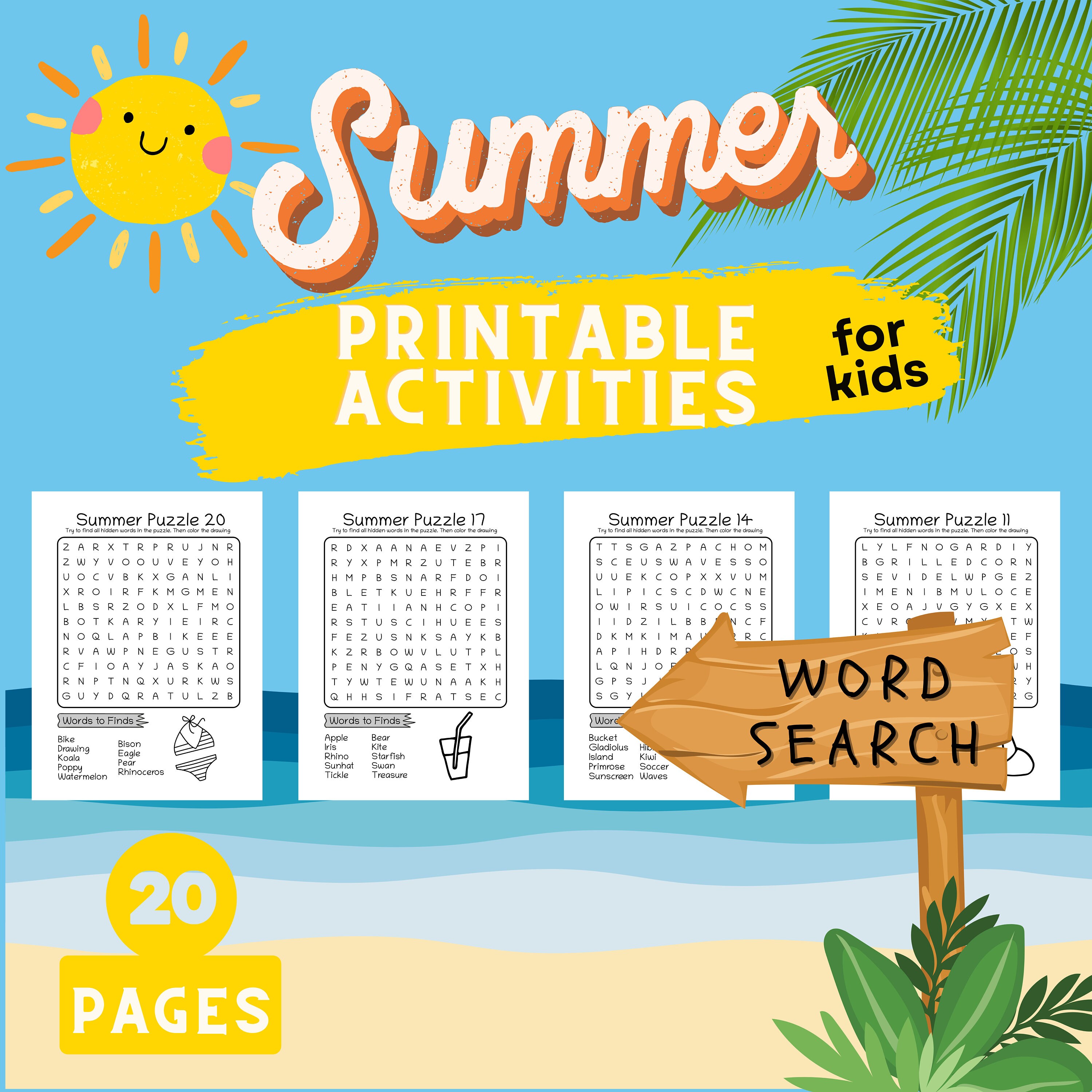 20 Page Printable Summer Word Search Set, Word Puzzle Activity for Kids ...