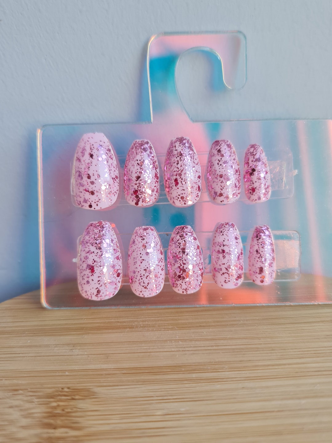Hand Painted Pink Sparkly False Nails - Etsy