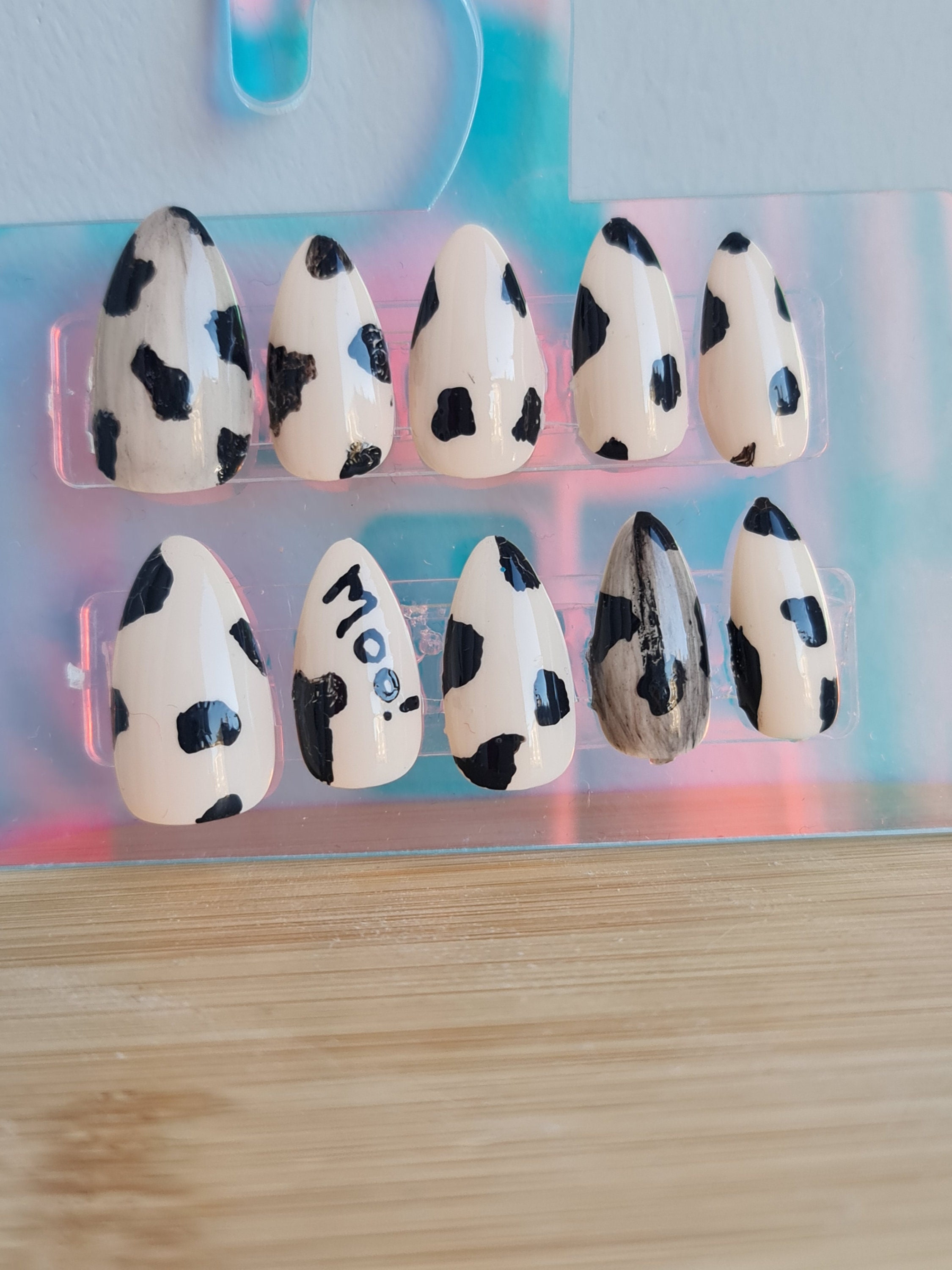 Hand Painted Cow Print Style False Nails - Etsy