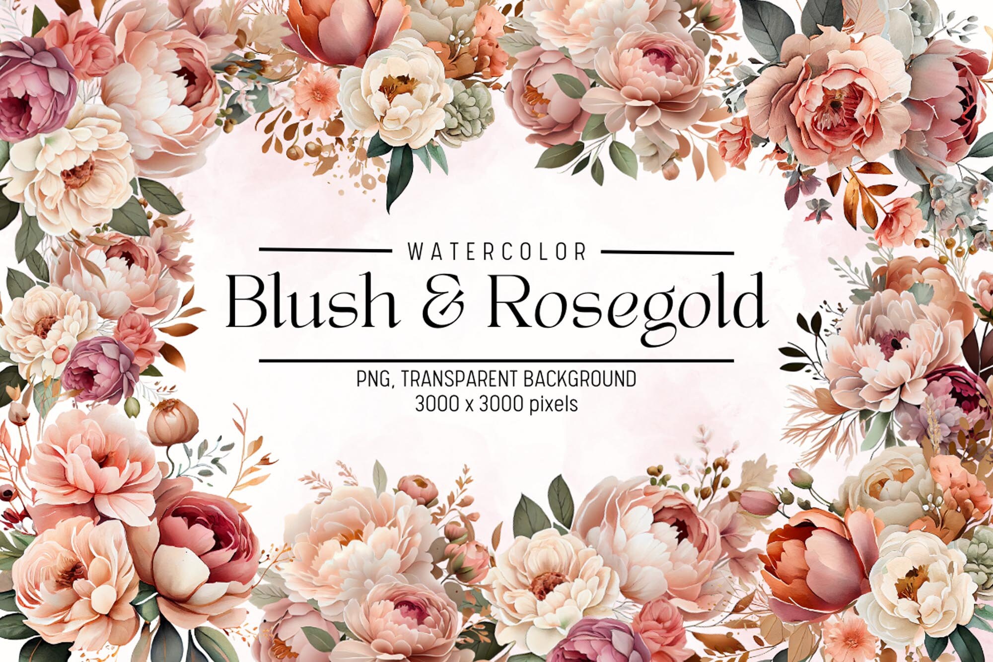Blush Rose Gold Flowers Watercolor PNG Clipart Floral Border - Etsy