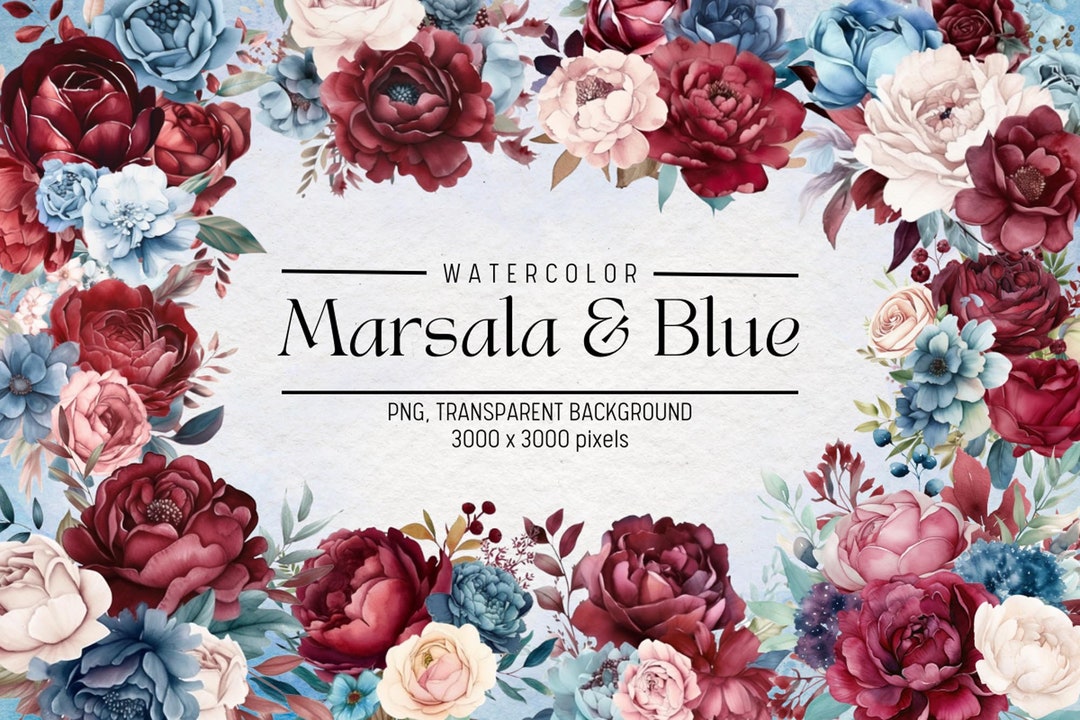 Marsala Blue Flowers Watercolor PNG Clipart Floral Border - Etsy