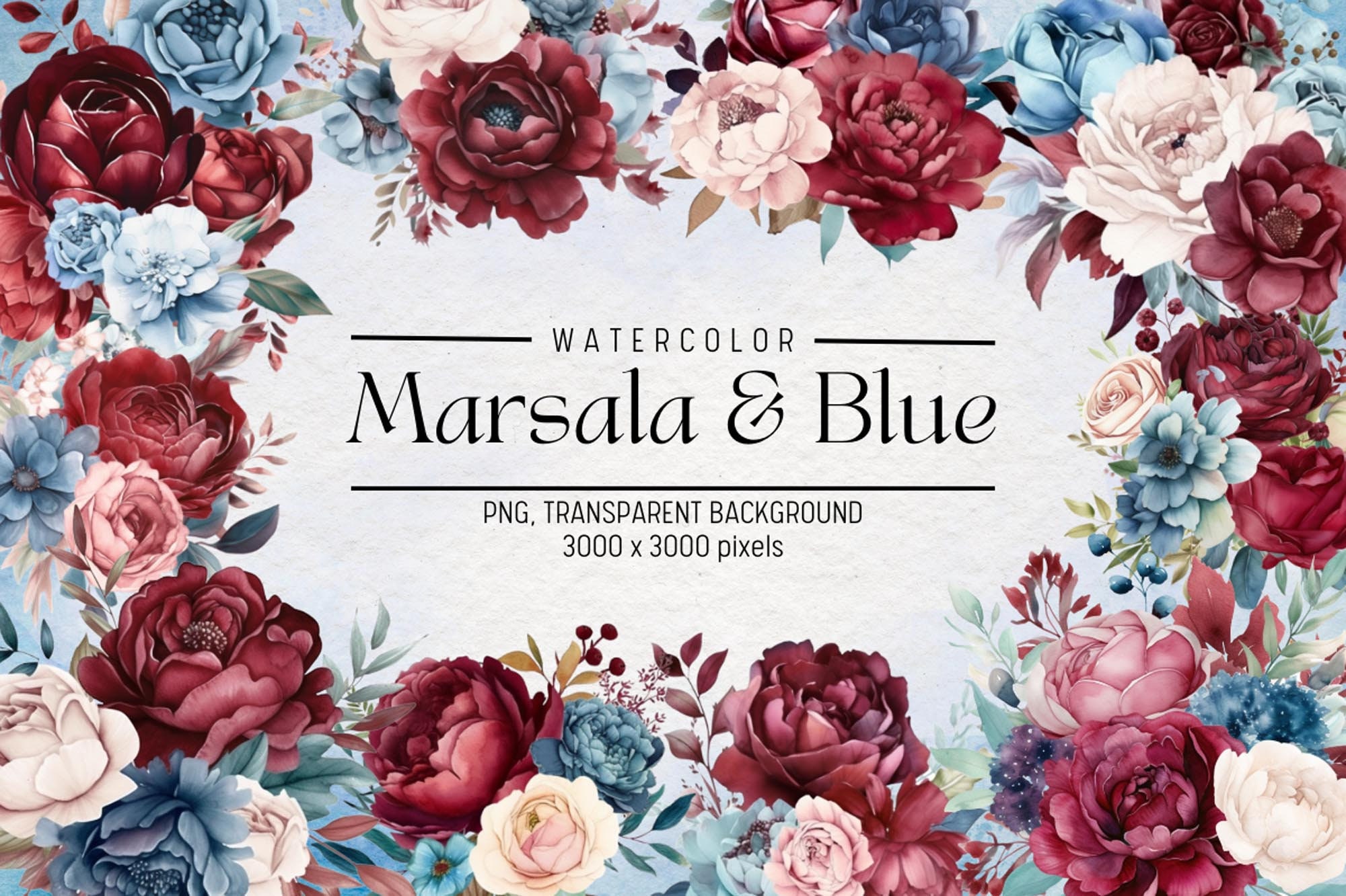 Marsala Blue Flowers Watercolor PNG Clipart Floral Border - Etsy