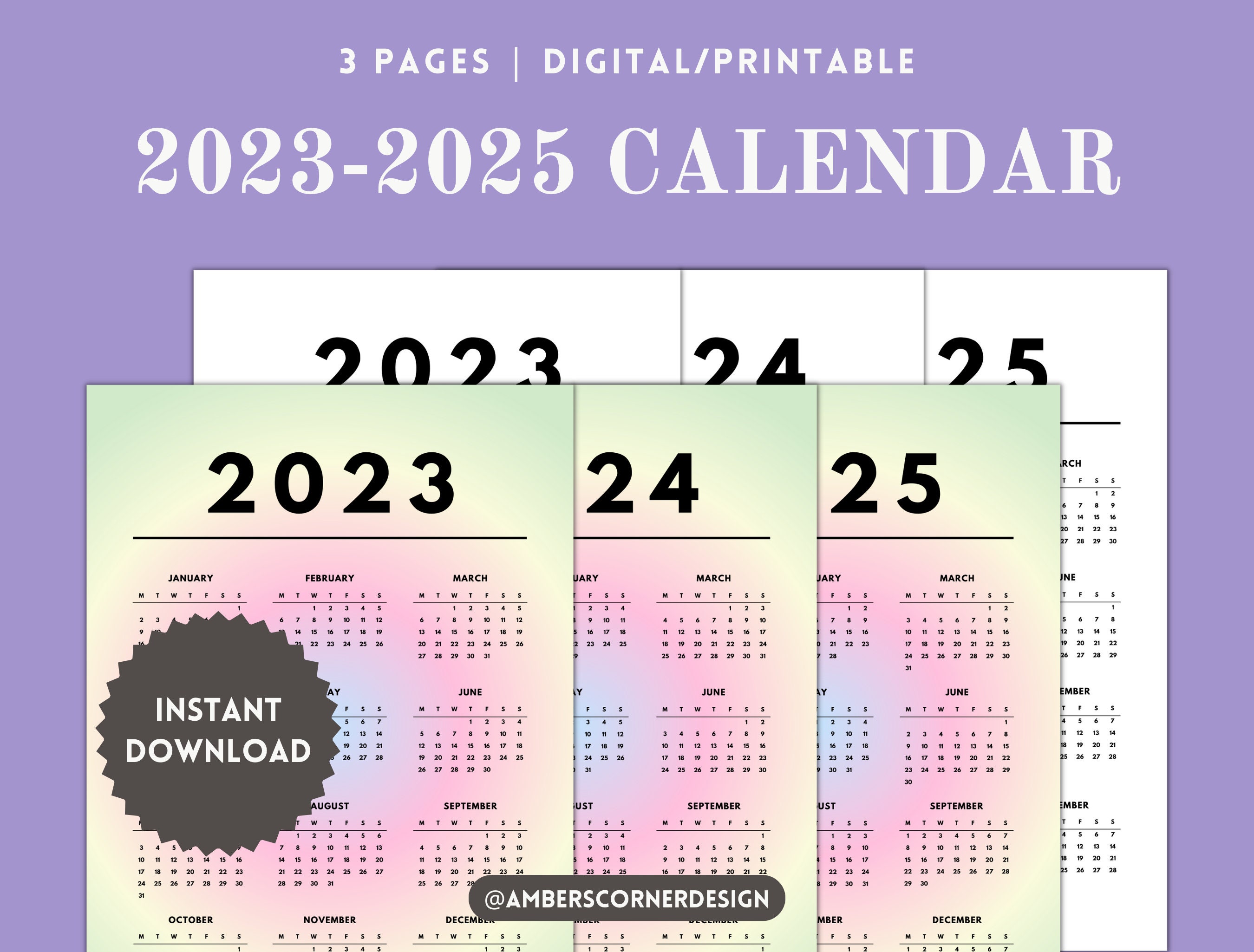 2023 2024 2025 Yearly Minimalist Calendar, Digital/printable Year At-a ...