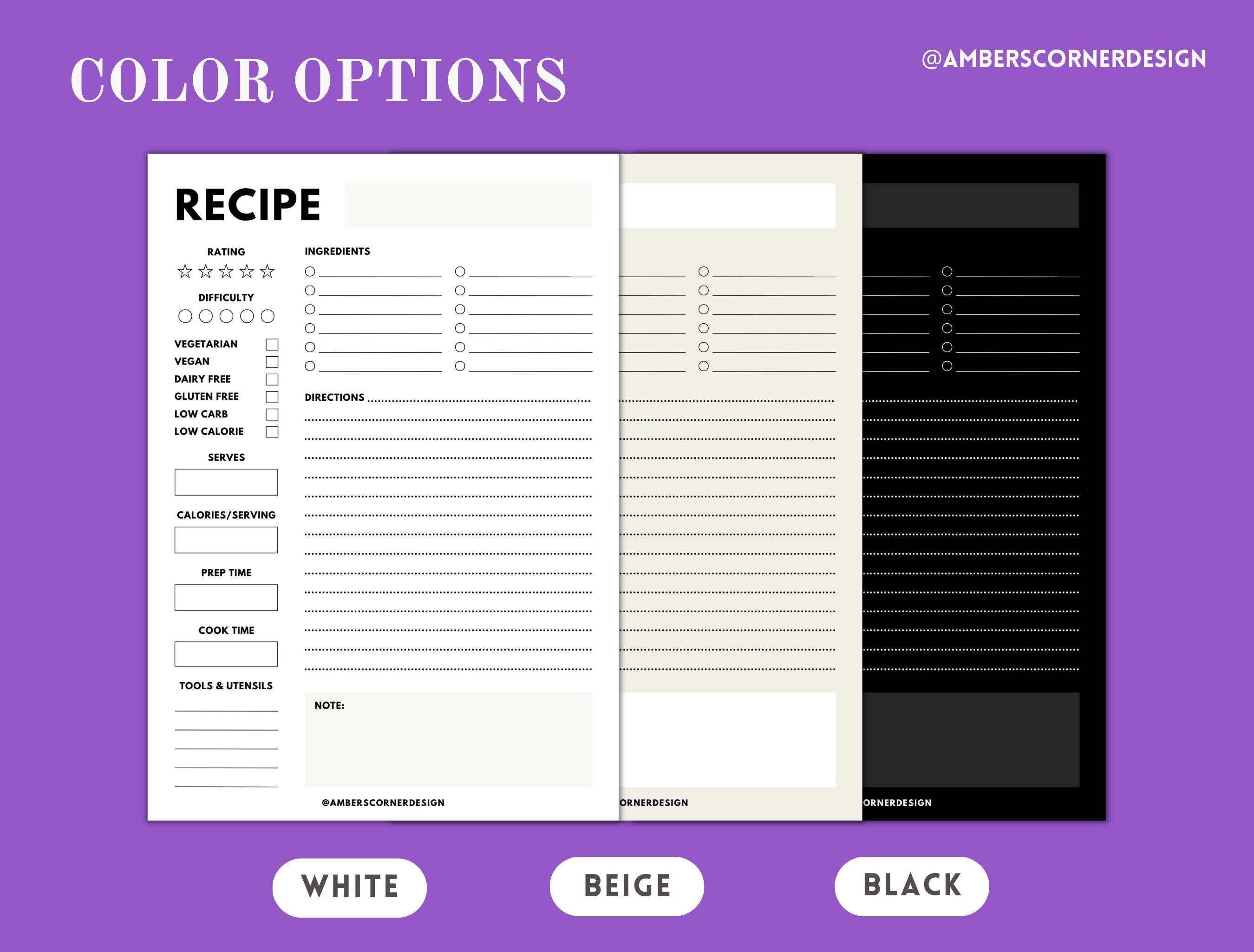 Recipe Card Template, Onepage Digital/printable Homecook Planner ...