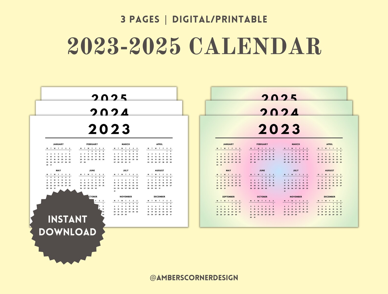 2023 2024 2025 Yearly Minimalist Calendar, Digital/printable Year At-a ...