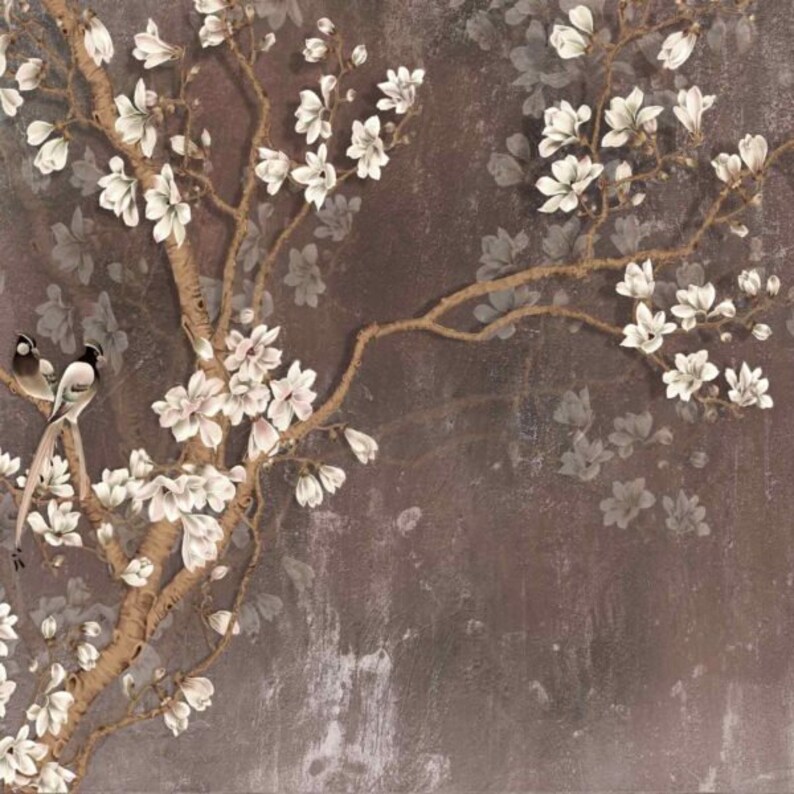 Floral Wallpaper, Two Birds Sitting Ona Tree With Brown Branches and ...