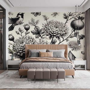 Mural Flowers Wallpaper Bird Wallpaper - Etsy