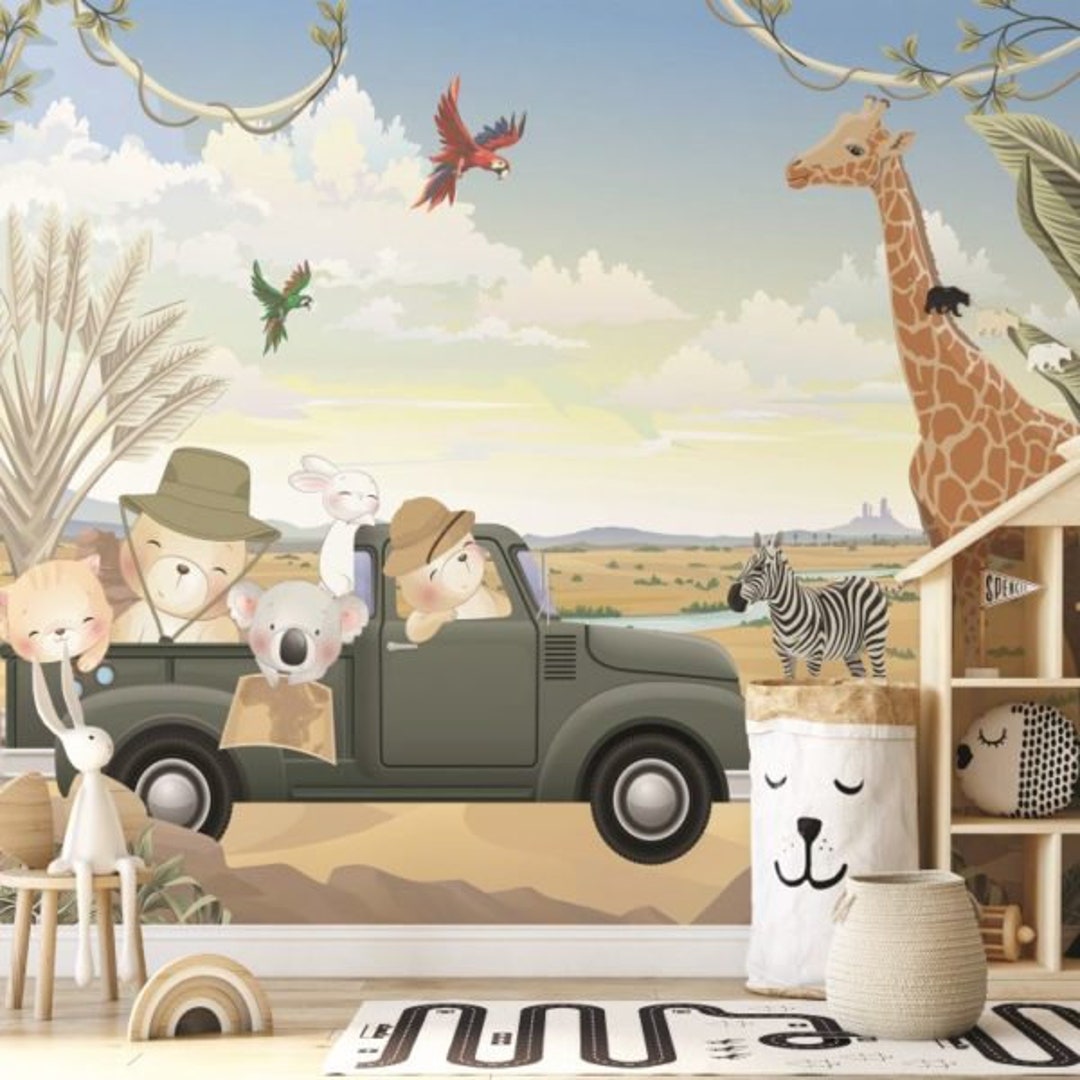 Children’s Room Wallpaper Happy Farm Animals Drive a Van - Etsy