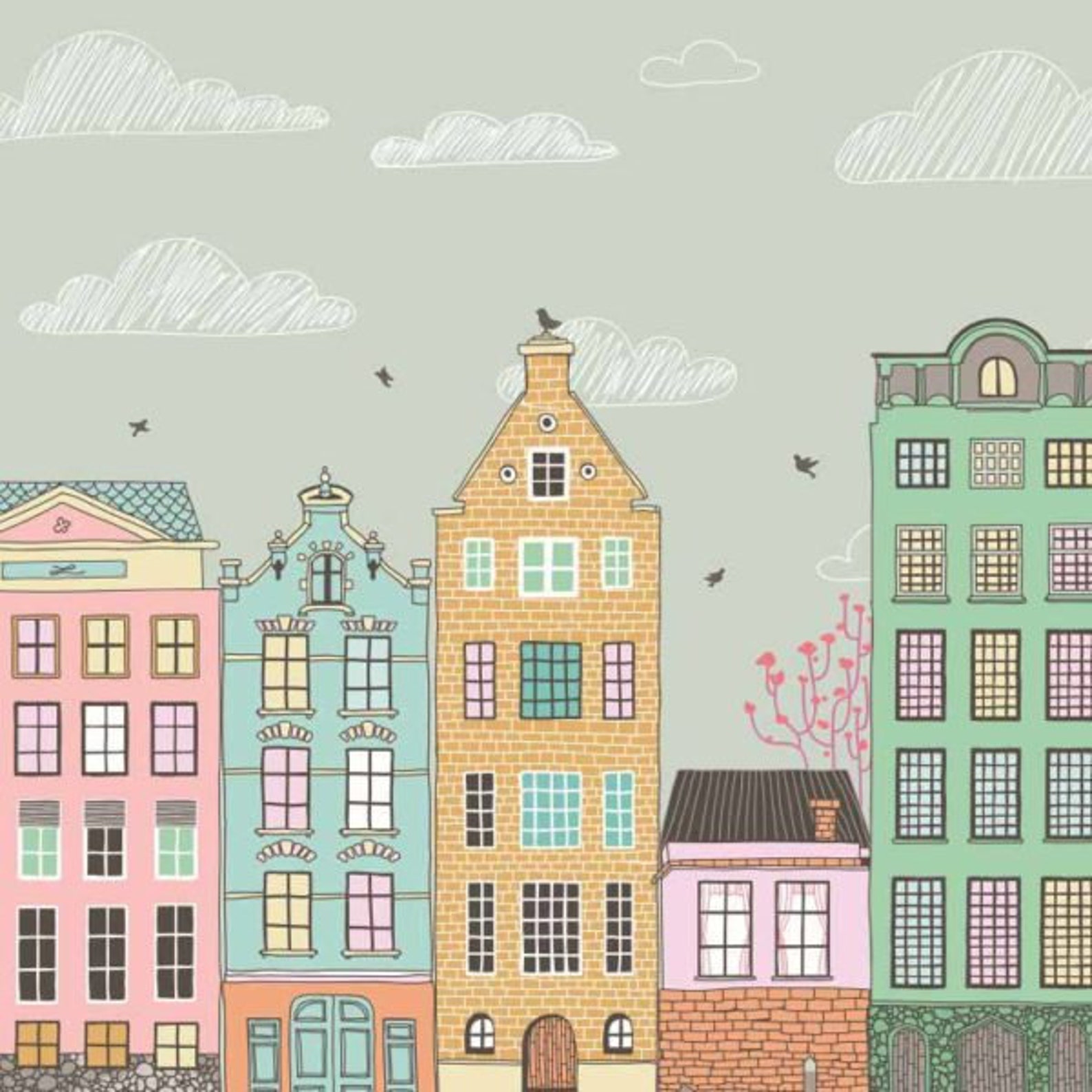 Dutch Urban Illustration Wallpaper Colorful Buildings - Etsy