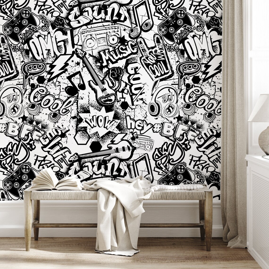 Graffiti Wallpaper Rock and Roll Black and White - Etsy