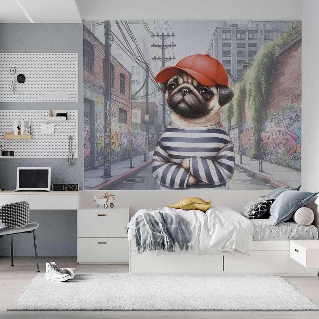 Dog Wallpaper Mural: 3D Pug Graffiti Wall Decor - Etsy UK