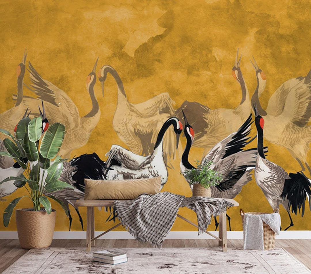 Wallpaper for Bedroom, Living Room. Stork Birds on a Mustard Color ...