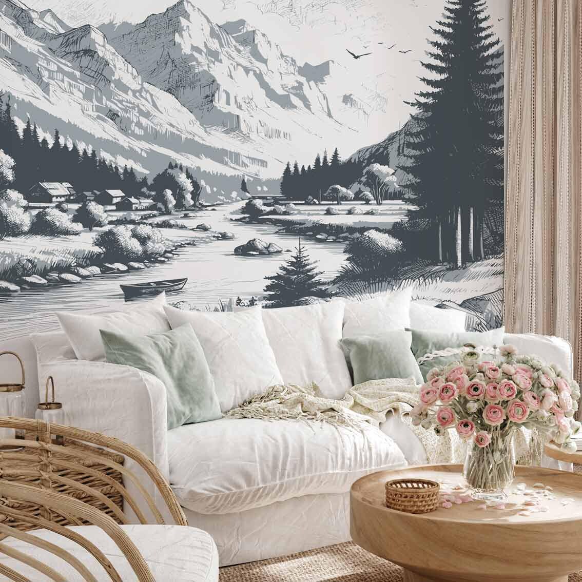 The Murals Wallpaper for the Living Room Has Views of Mountains - Etsy