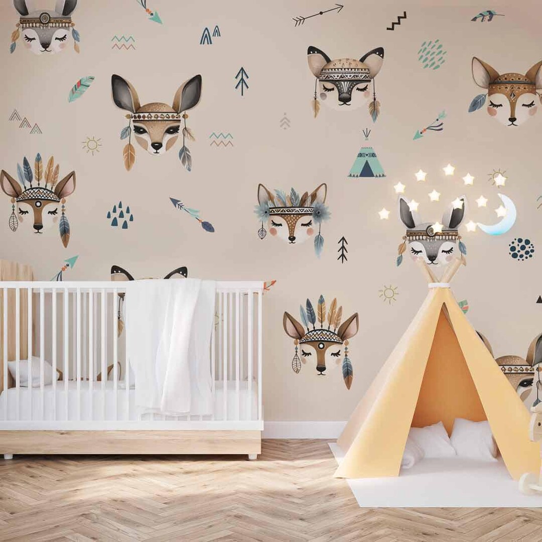 Boho Wallpaper for Children's Room Native American Animals 2 - Etsy