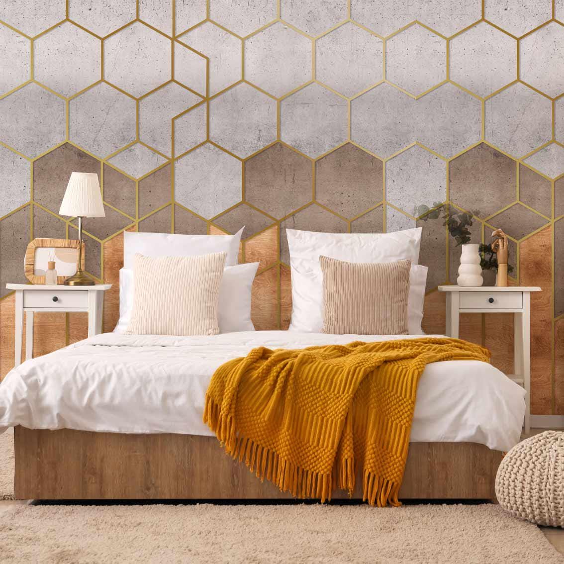 Cement Wallpaper for the Living Room With Geometric Wood Combination ...
