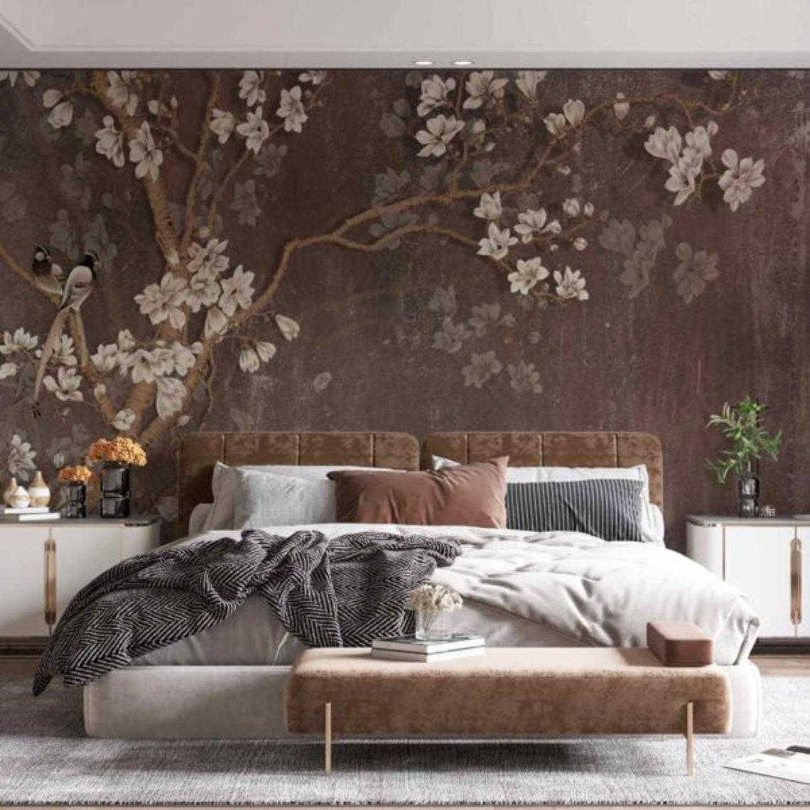 Floral Wallpaper, Two Birds Sitting Ona Tree With Brown Branches and ...