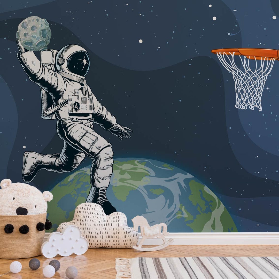 Astronaut Playing Basketball in Space Wallpaper, Amelia Design - Etsy