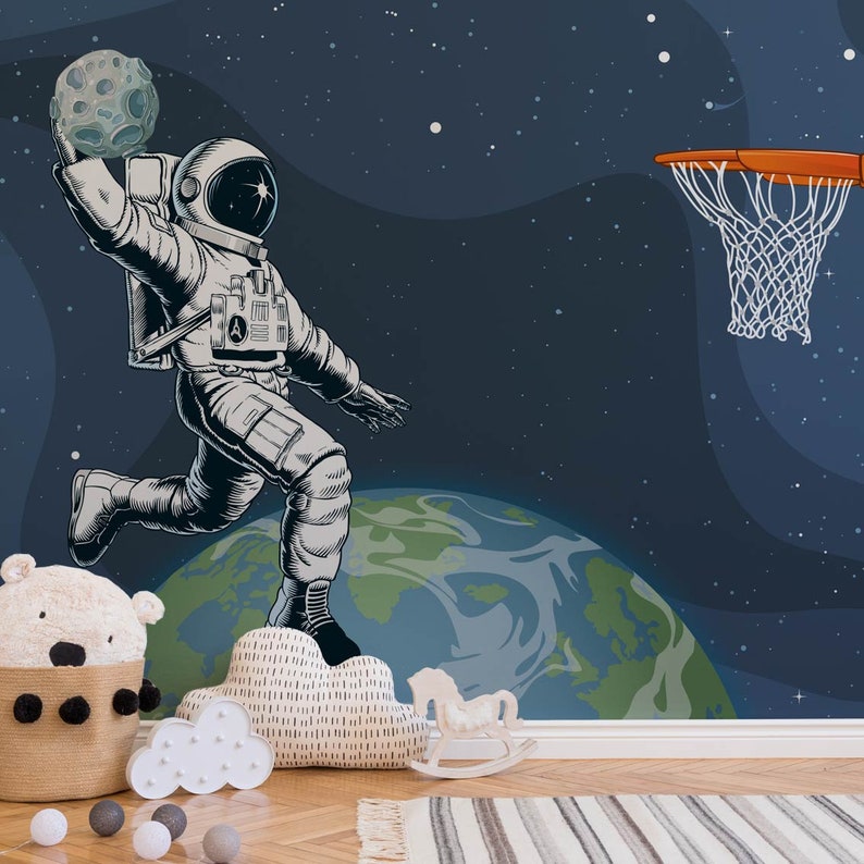 Astronaut Playing Basketball in Space Wallpaper, Amelia Design - Etsy