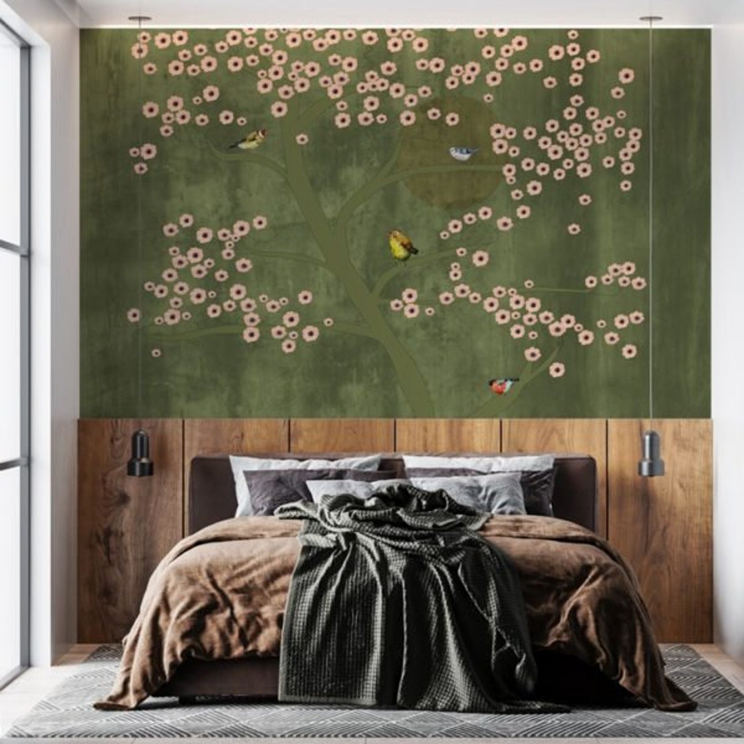 Japanese Style Tree Wallpaper With Flowers and Birds Apple Green ...