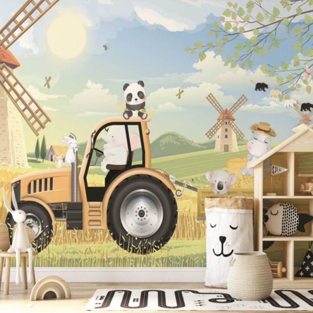 Cute Farm Nursery Wallpaper, Windmill, Tractor, Panda , Elephant, Hippo ...