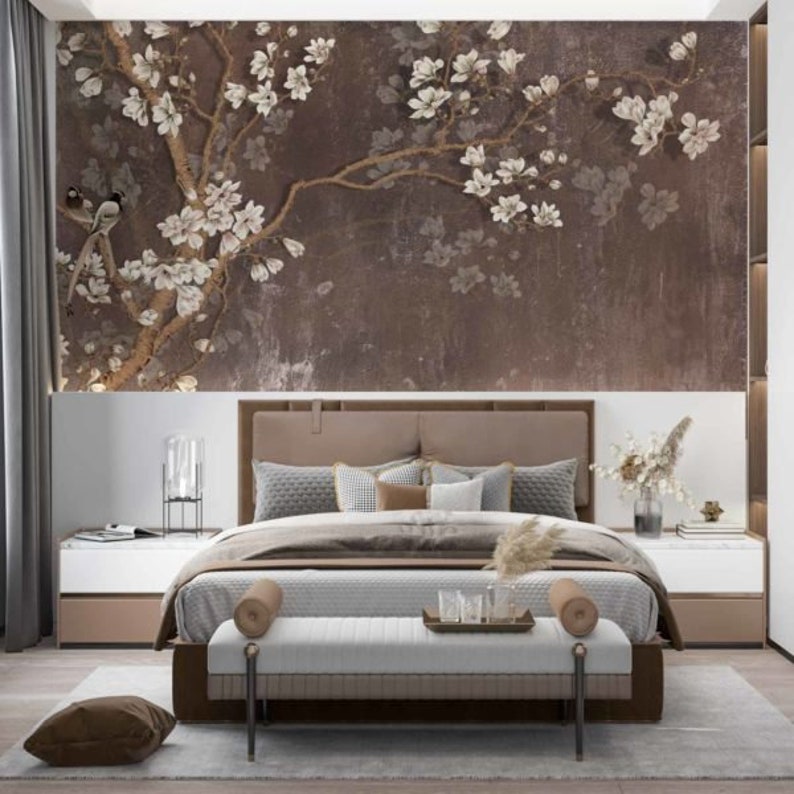 Floral Wallpaper, Two Birds Sitting Ona Tree With Brown Branches and ...