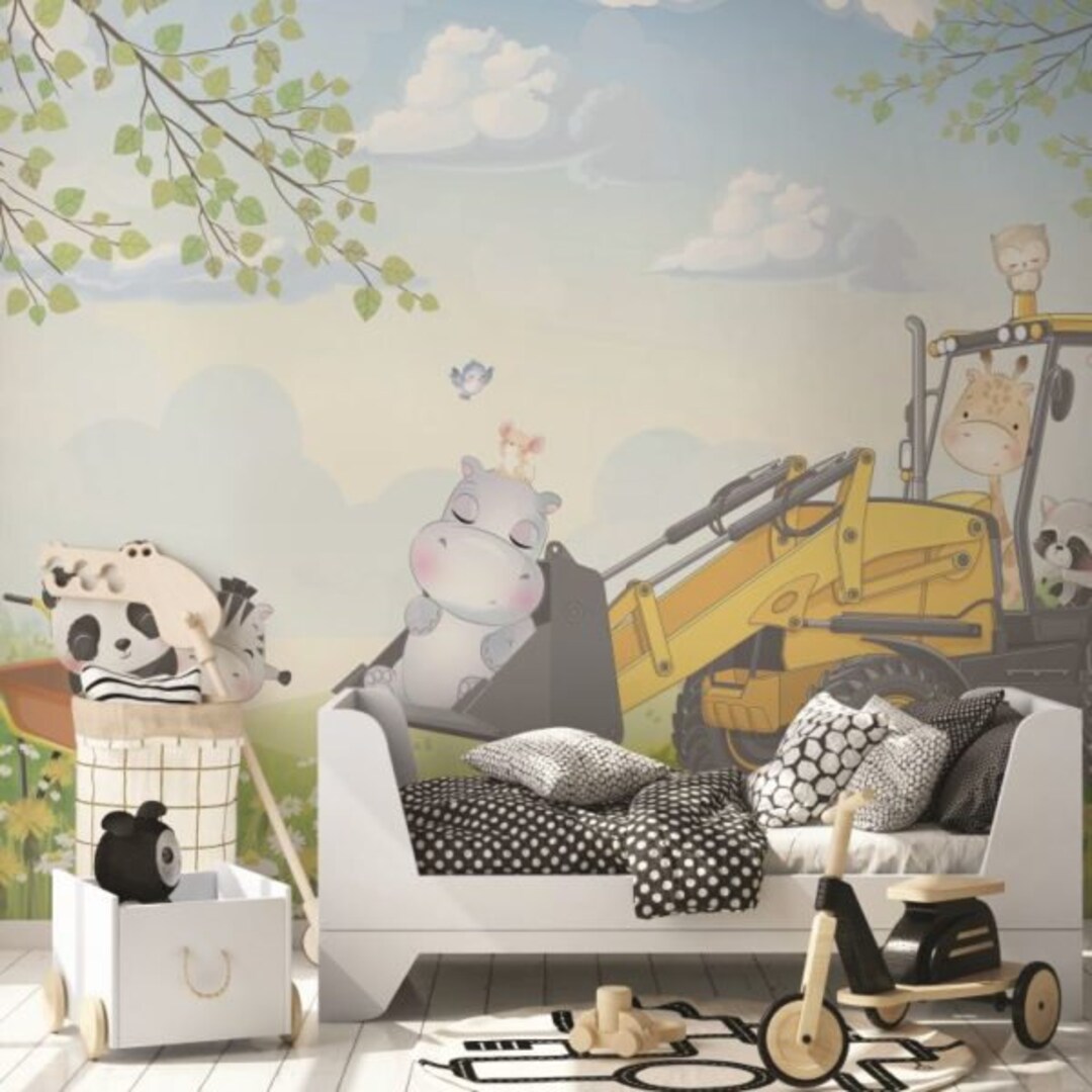 Children’s Room Wallpaper Happy Farm, a Panda Giraffe and the Hippo - Etsy