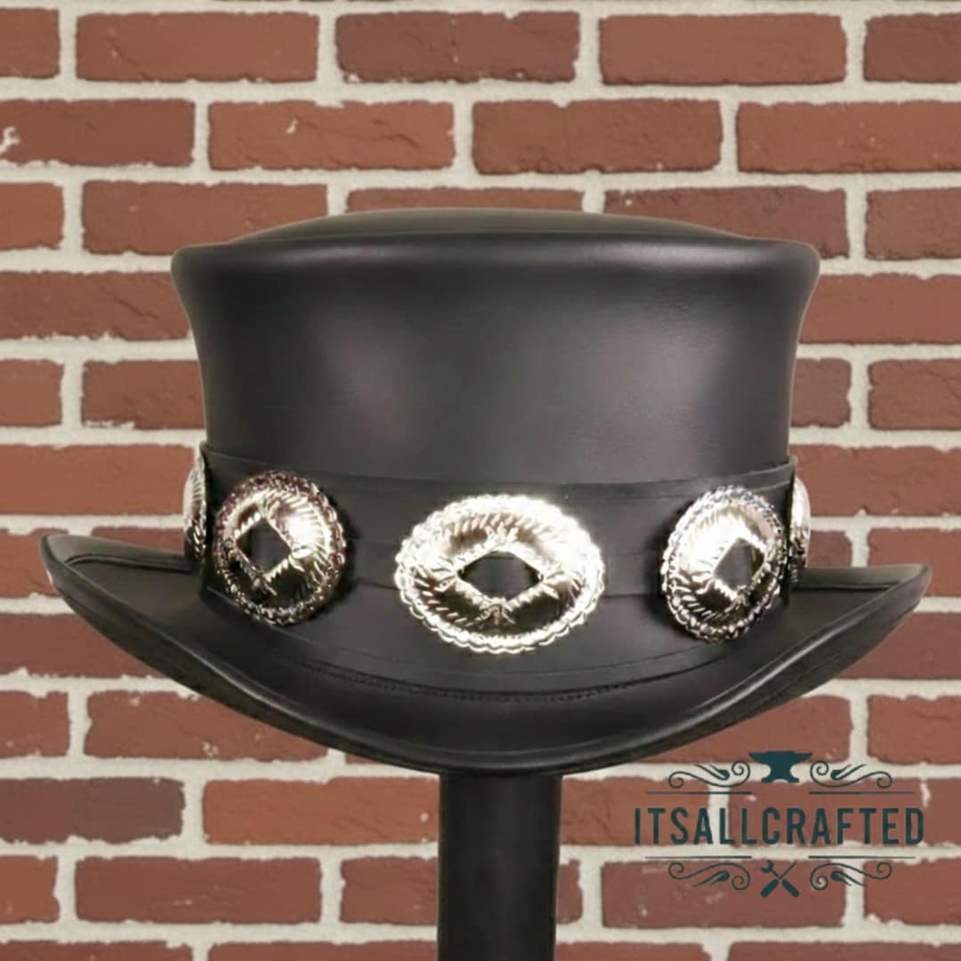 Rocker Black Leather Slash Hat Standard Top Hat With Conchos Hatband ...