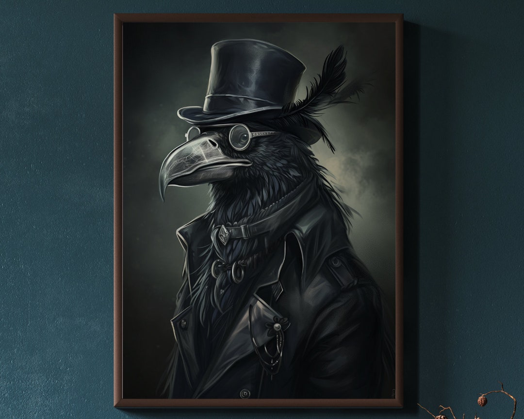 Raven With Leather Jacket Painting, Gothic Animal Art Print, Vintage ...