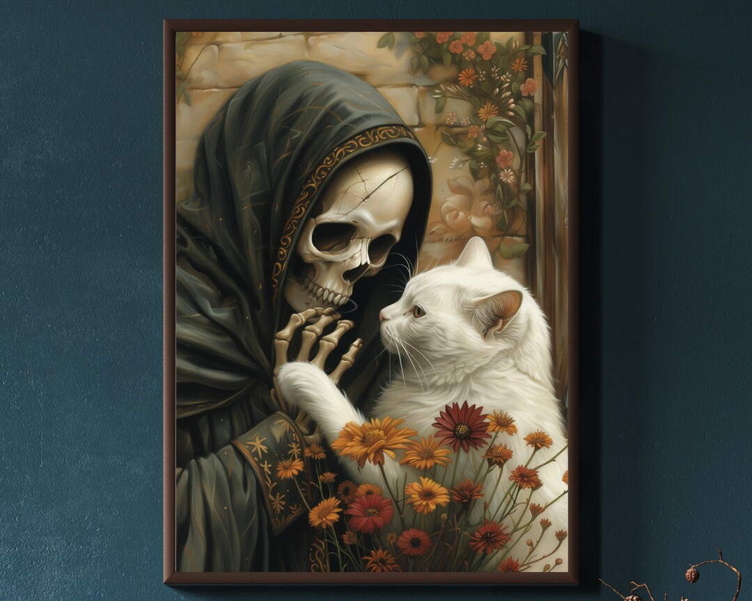 Vintage Female Skeleton With White Cat Art Print, Gothic Victorian Wall ...