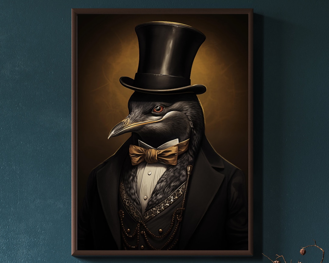 Penguin Portrait Art Print, Gothic Painting, Victorian Cat Decor ...