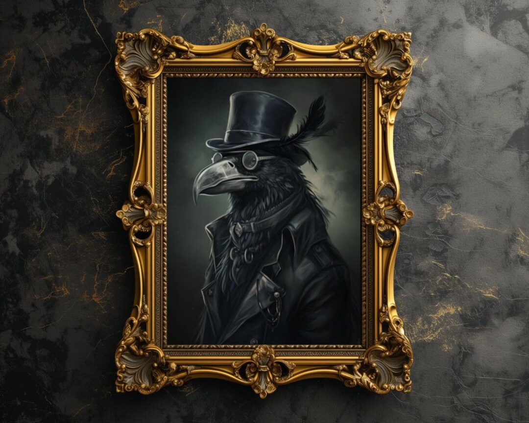 Raven With Leather Jacket Painting, Gothic Animal Art Print, Vintage ...