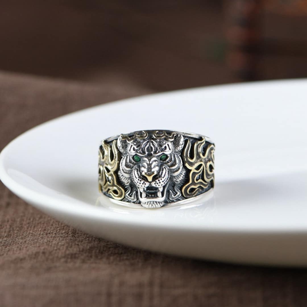 Tiger Ring Mens in Sterling Silver, Animal Jewelry, Tiger Head Ring ...