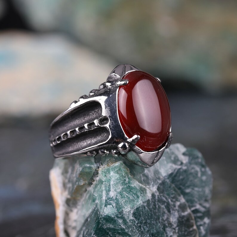 Stainless Steel Oval Agate Ring, Black Agate Ring, Red Agate Ring ...