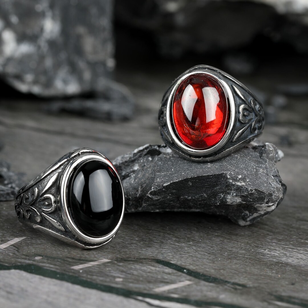 Stainless Steel Oval Stone Ring, Black Agate Ring, Statement Rings ...