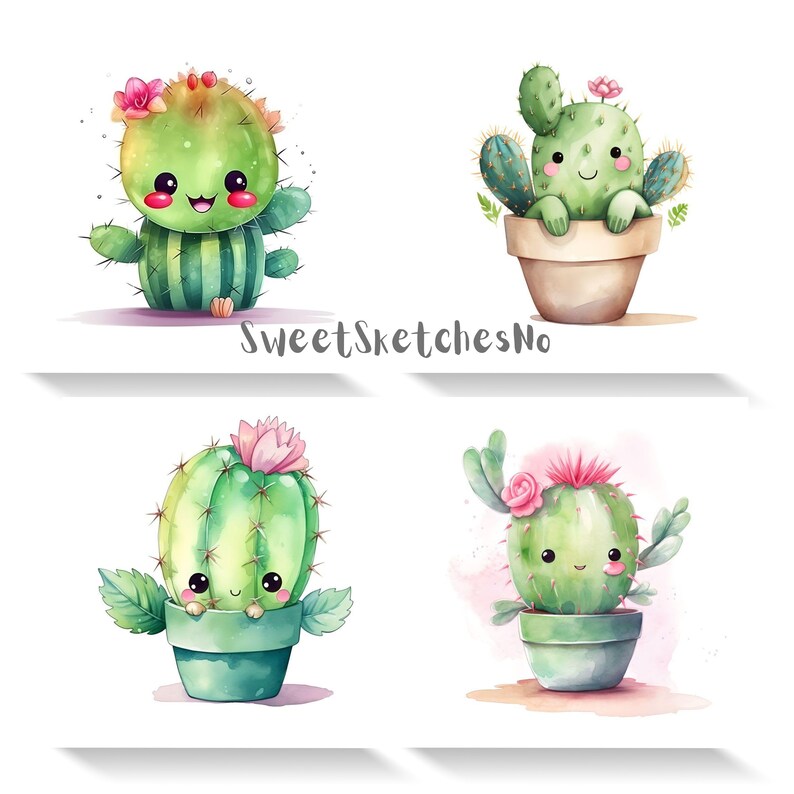 Watercolor Kawaii Cactus Clipart Bundle, Commercial Use, Scrapbooking ...