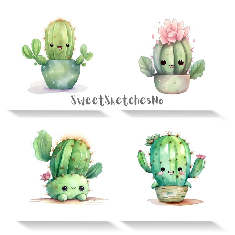 Watercolor Kawaii Cactus Clipart Bundle, Commercial Use, Scrapbooking ...