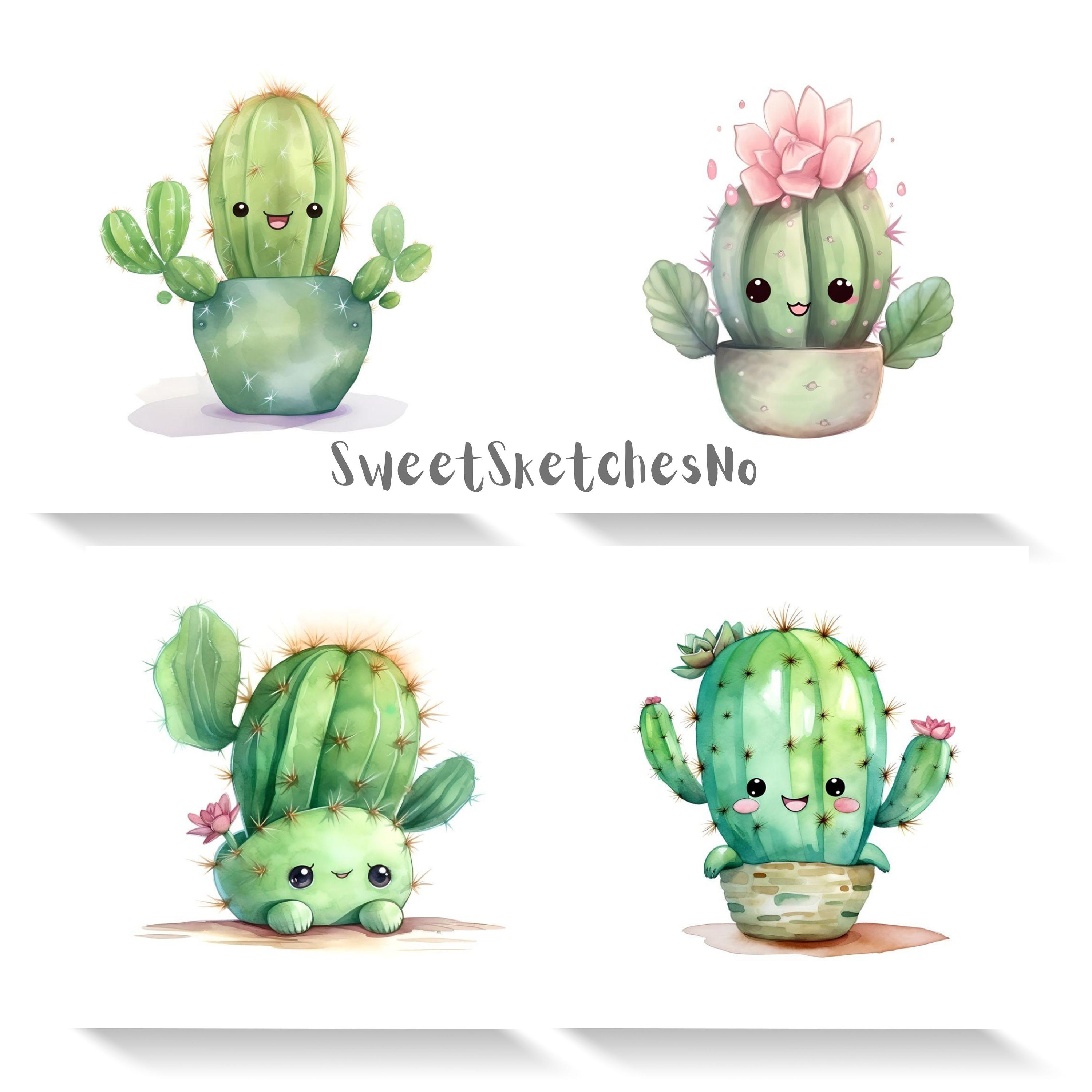 Watercolor Kawaii Cactus Clipart Bundle, Commercial Use, Scrapbooking ...