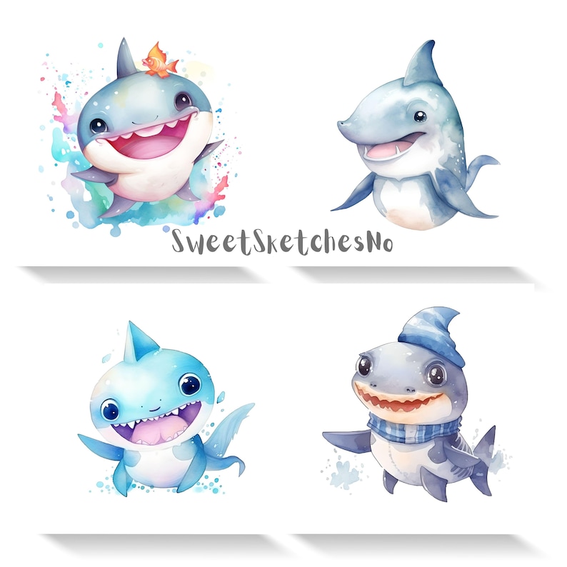 Watercolor Kawaii Shark Clipart Bundle Commercial Use Cute - Etsy