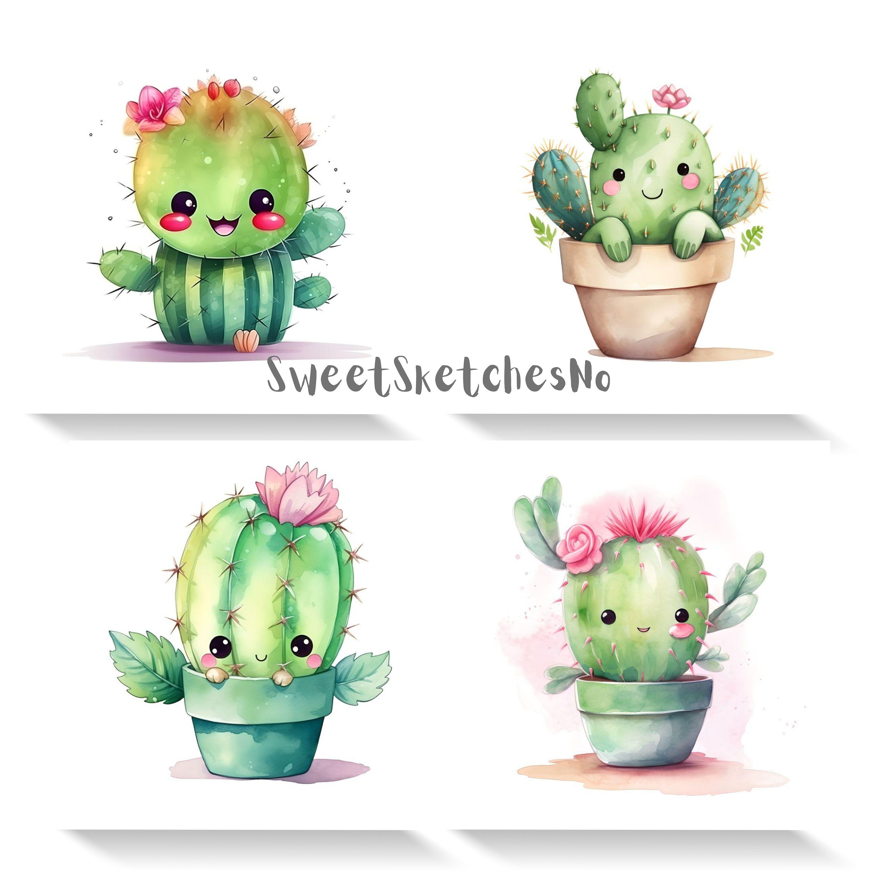 Watercolor Kawaii Cactus Clipart Bundle, Commercial Use, Scrapbooking ...