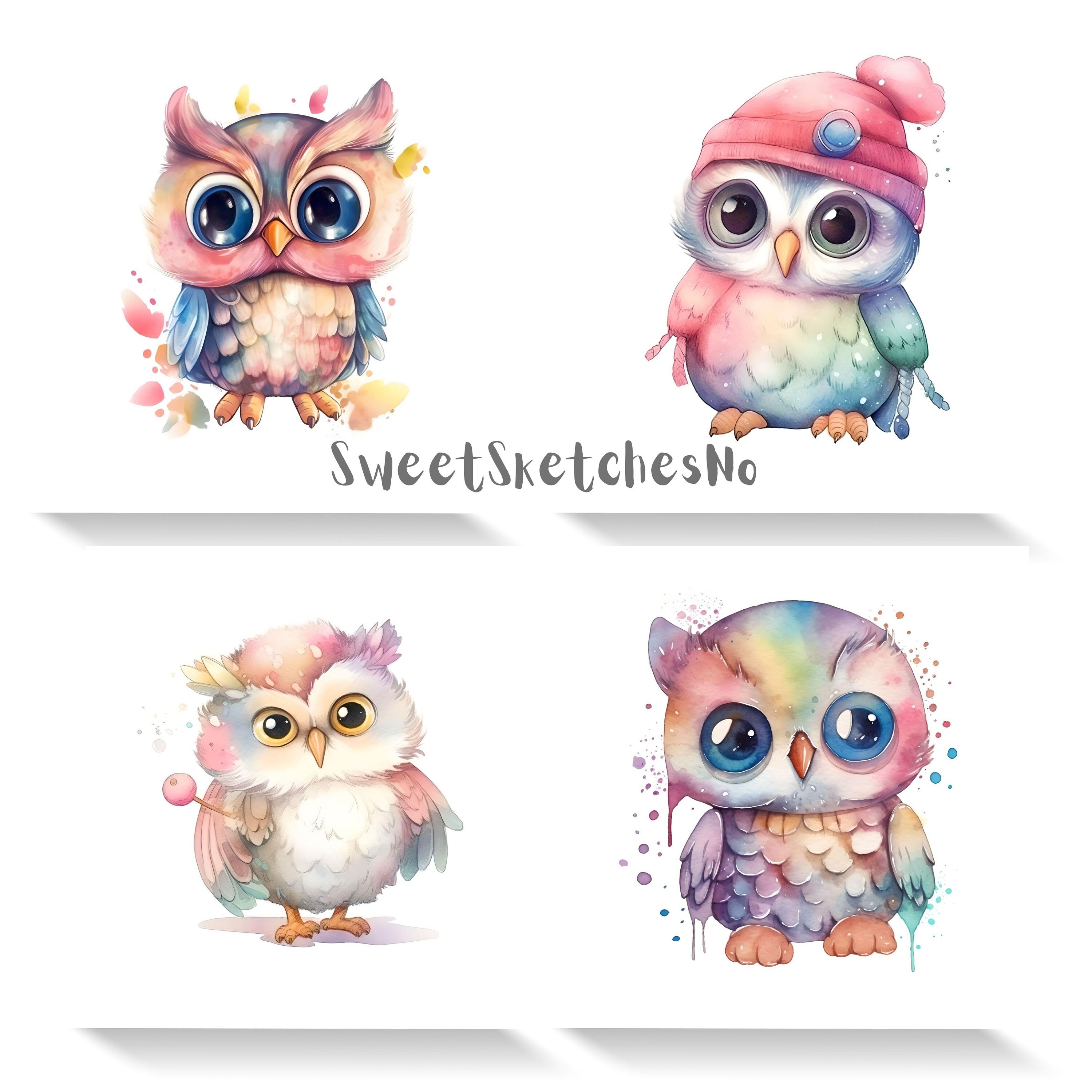 Watercolor Kawaii Owl Clipart Bundle Commercial Use Cute - Etsy