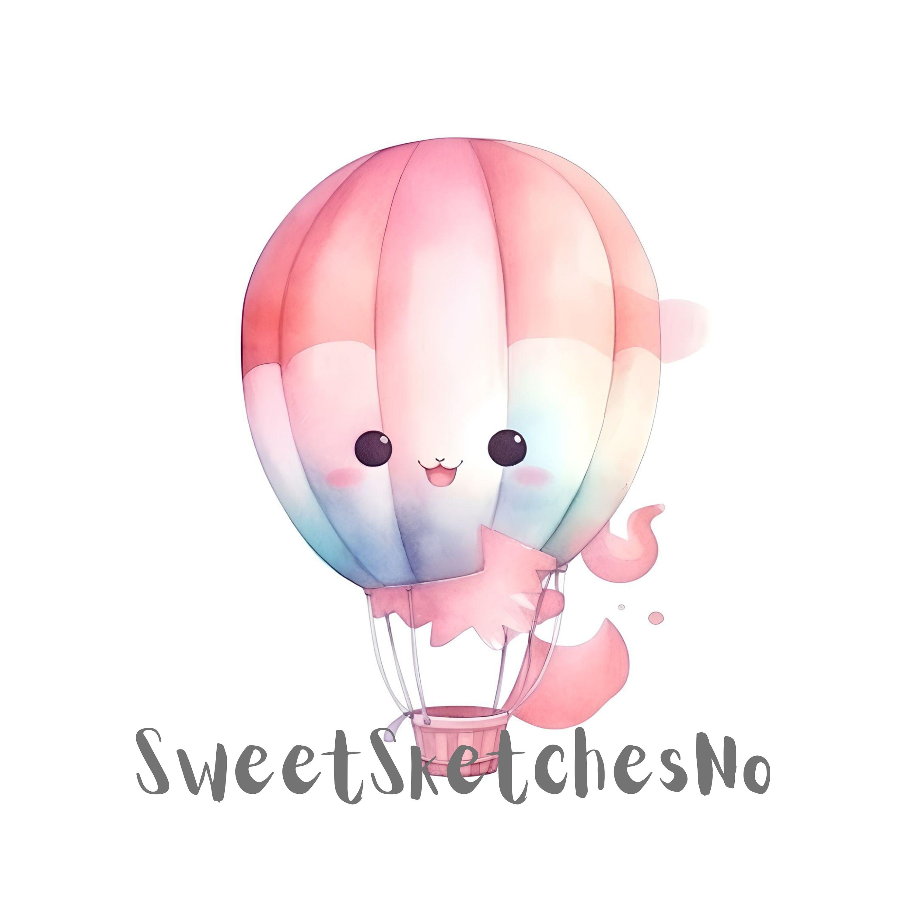 Watercolor Kawaii Summer Air Balloons Clipart Bundle, Commercial Use ...