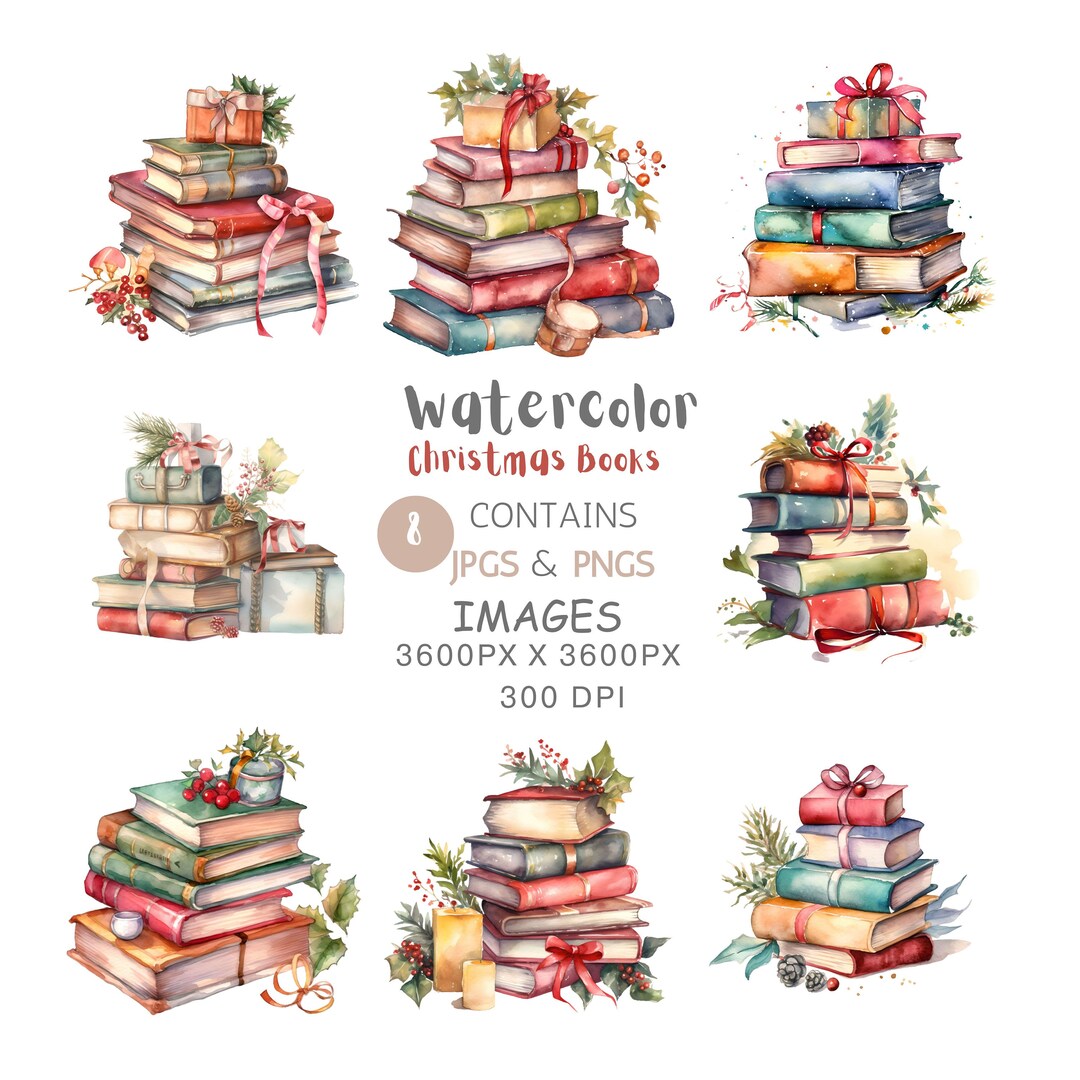 Watercolor Kawaii Christmas Books Clipart Commercial Use Etsy