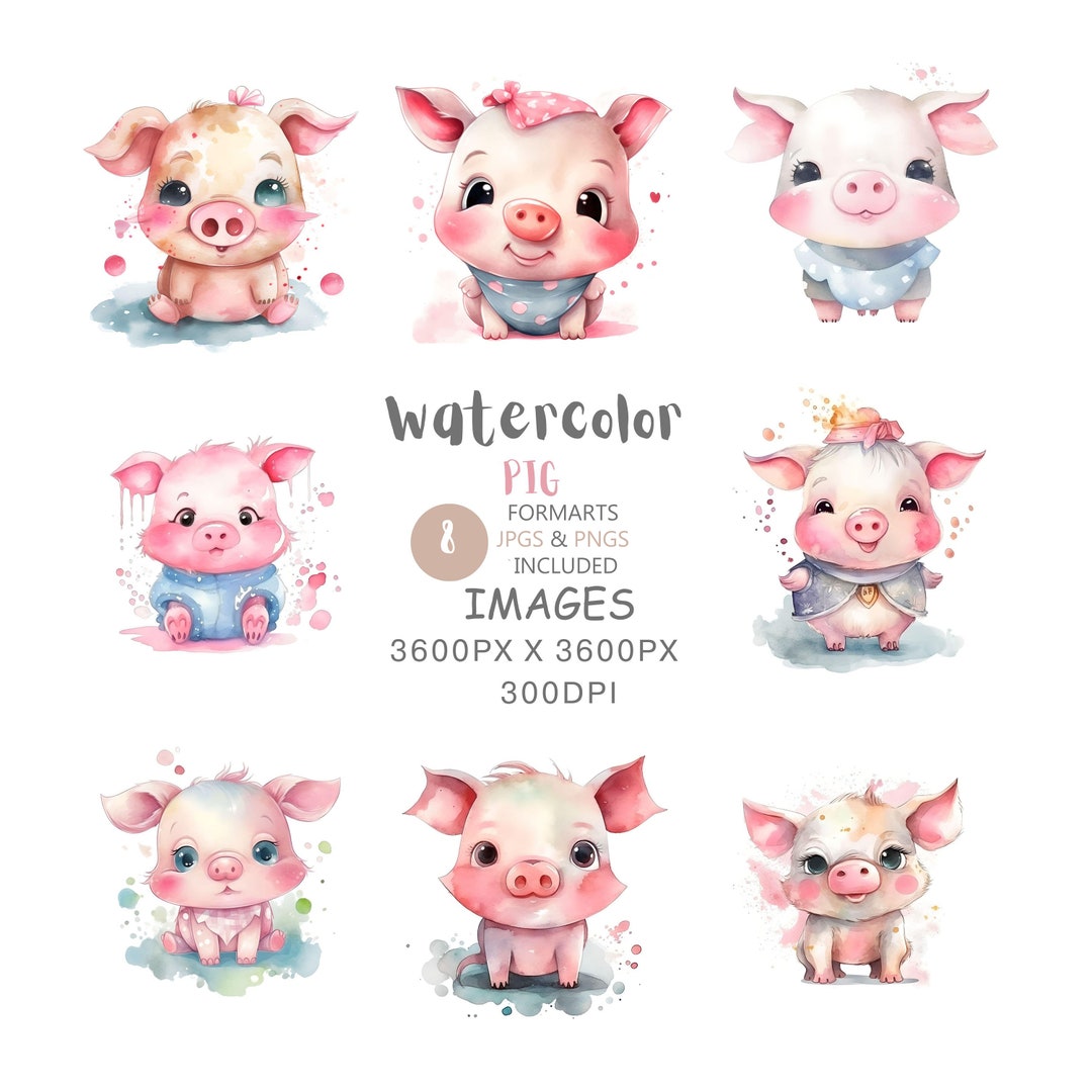 Watercolor Kawaii Pig Clipart Bundle Commercial Use, Scrapbooking ...