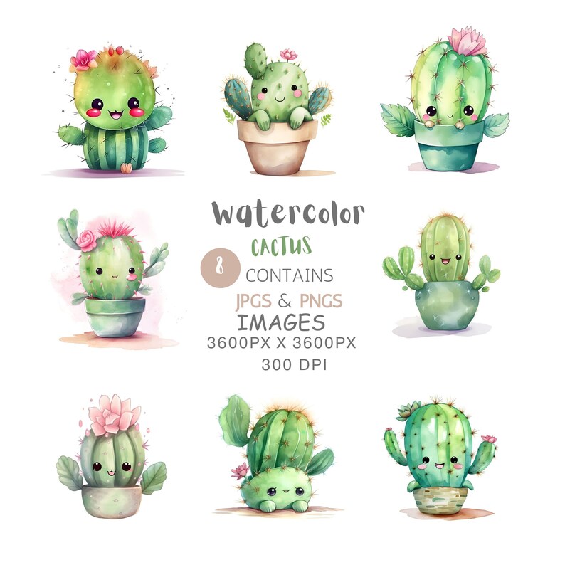 Watercolor Kawaii Cactus Clipart Bundle, Commercial Use, Scrapbooking ...