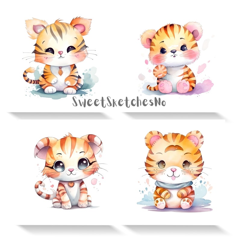 Watercolor Kawaii Tiger Clipart Bundle Commercial Use Cute - Etsy