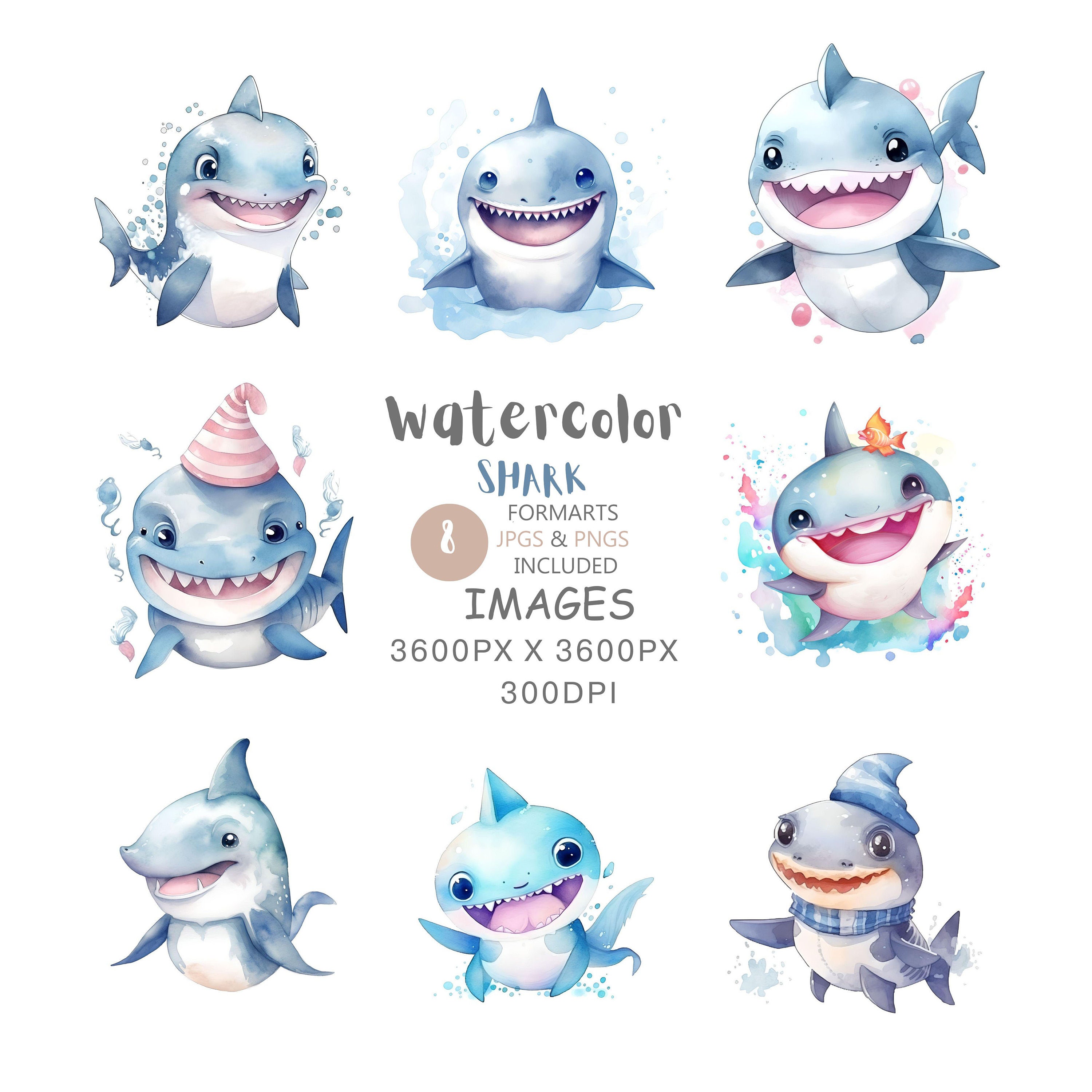 Watercolor Kawaii Shark Clipart Bundle Commercial Use Cute - Etsy
