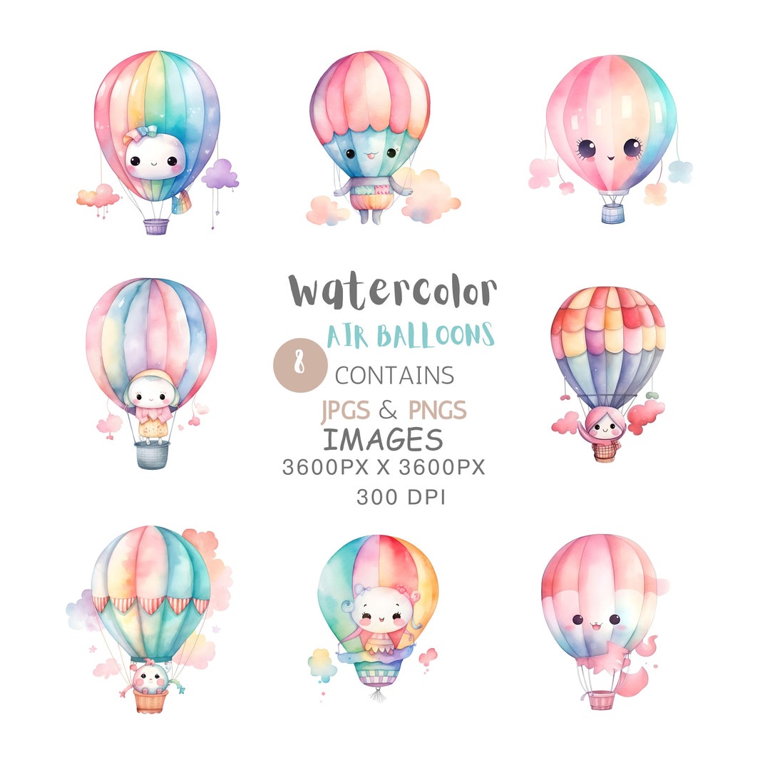 Watercolor Kawaii Summer Air Balloons Clipart Bundle, Commercial Use ...
