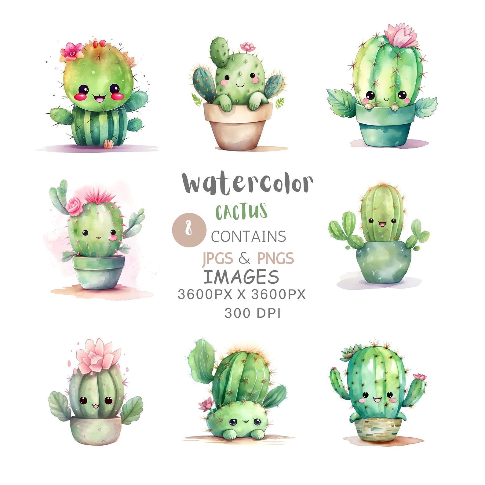 Watercolor Kawaii Cactus Clipart Bundle, Commercial Use, Scrapbooking ...