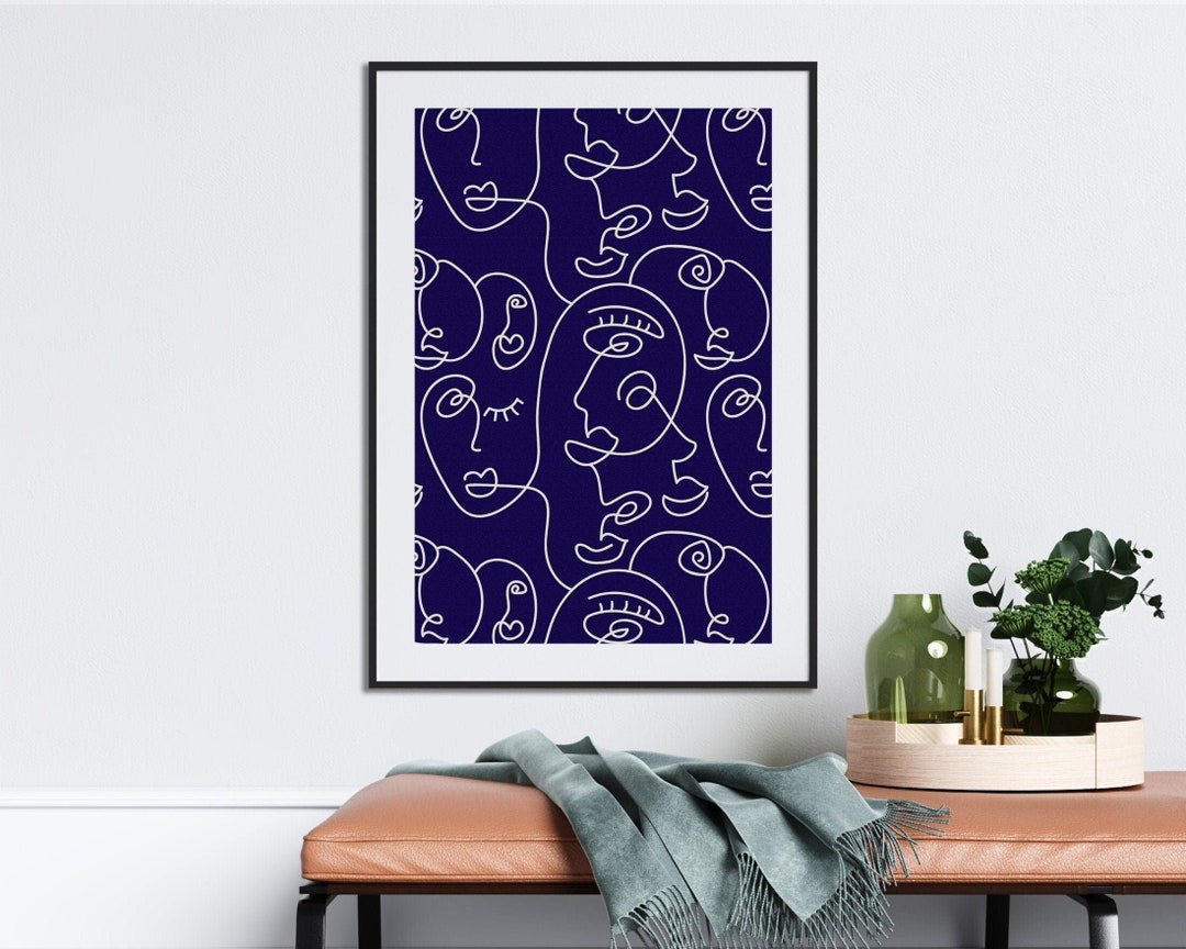 Printable Line Art Faces Print Navy Blue Boho Wall Art Abstract Line ...