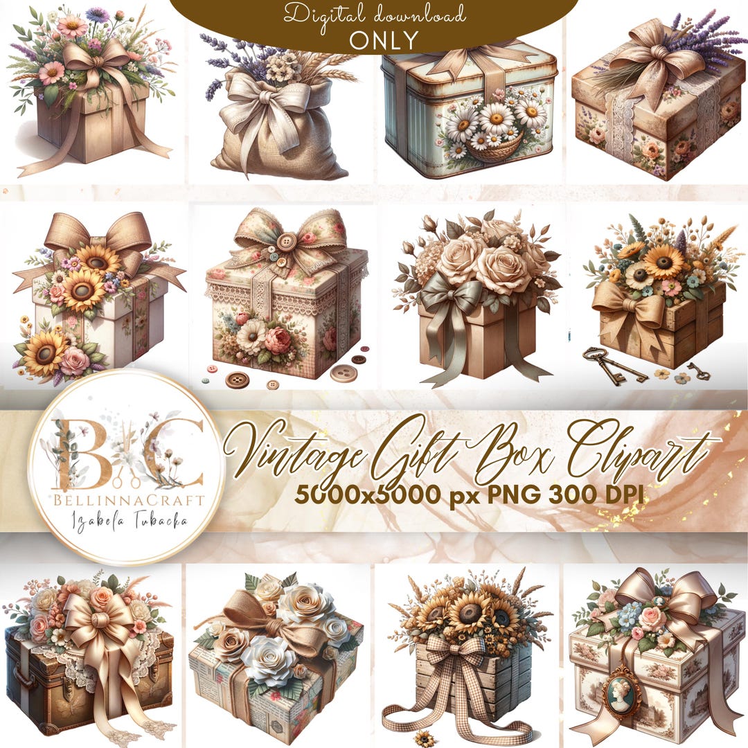 Vintage Rustic Gift Box Clipart, Happy Birthday Gift Box, Wrapped Gifts ...